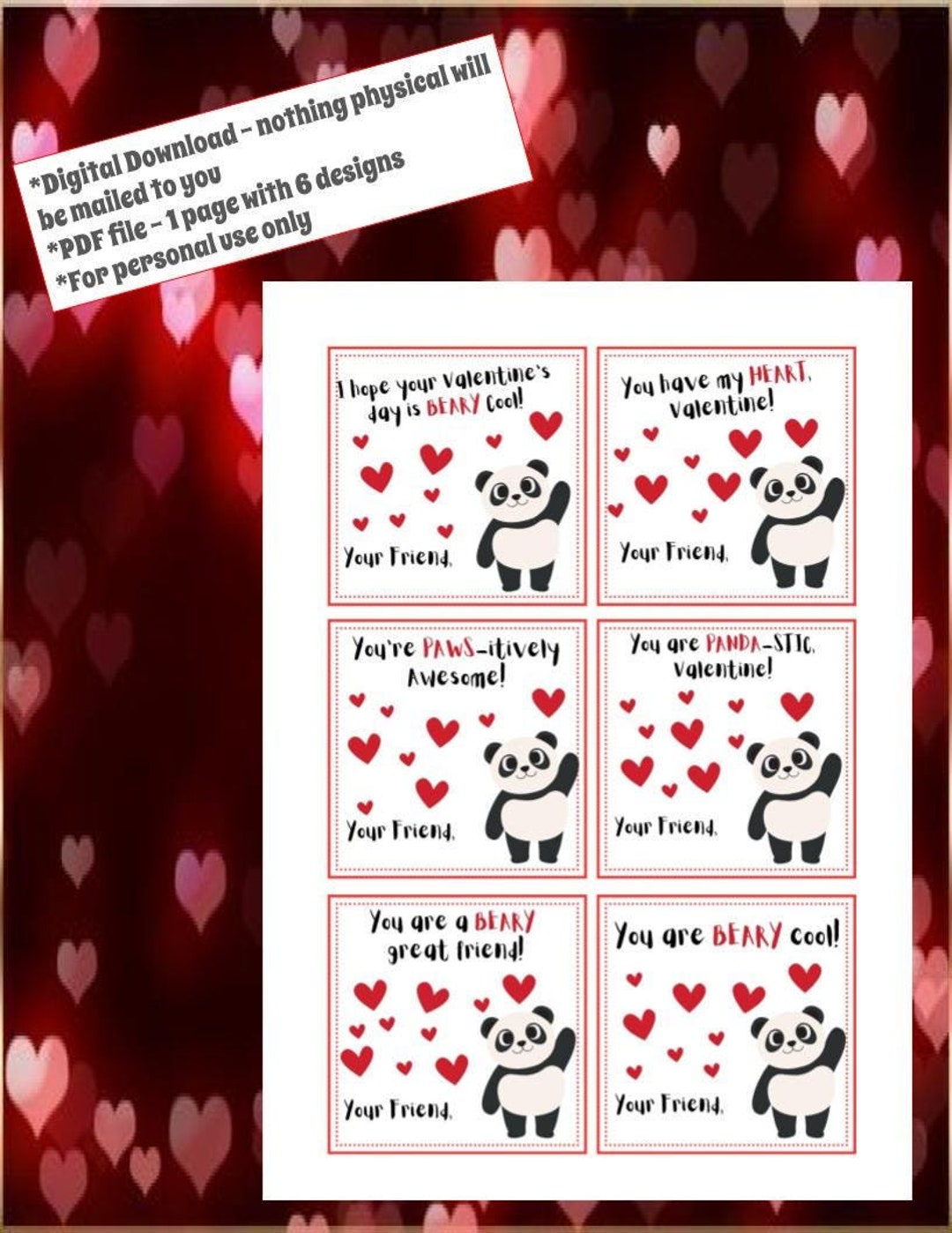 Printable Panda Valentines, Digital Download Panda Valentines, Panda ...