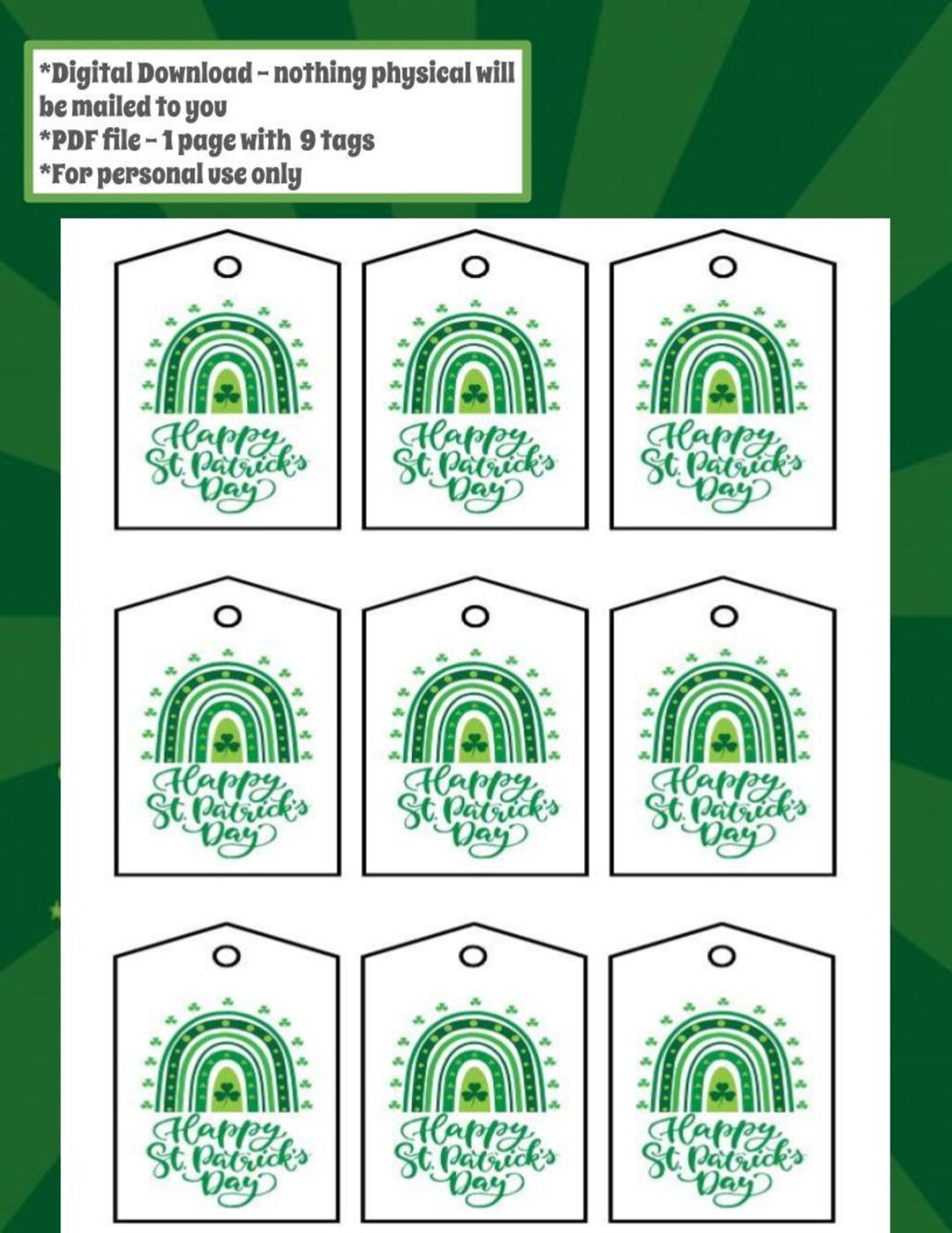 Printable St. Patrick's Treat Bag Tags, Digital Download Treat Tags ...