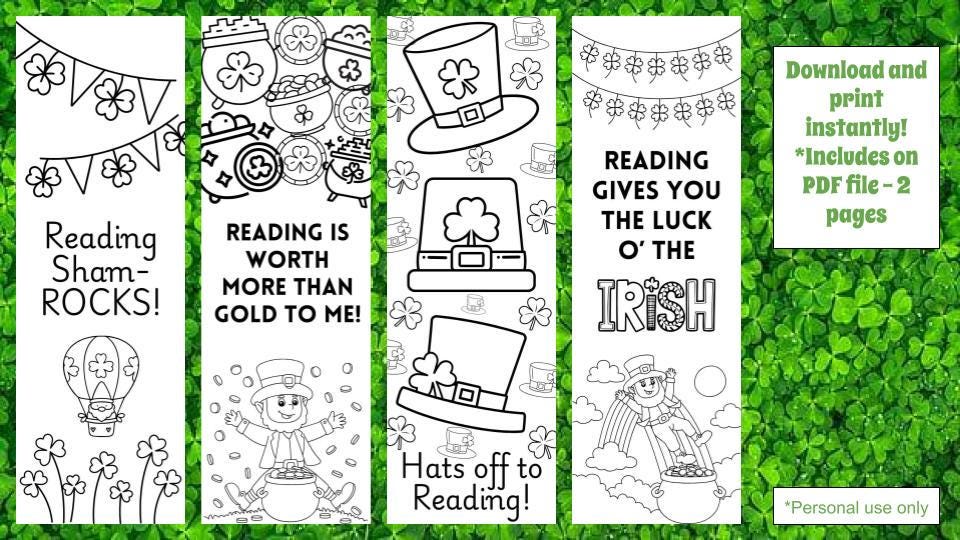 Printable March St Patrick's Day Coloring Bookmarks for Kids, Classroom ...