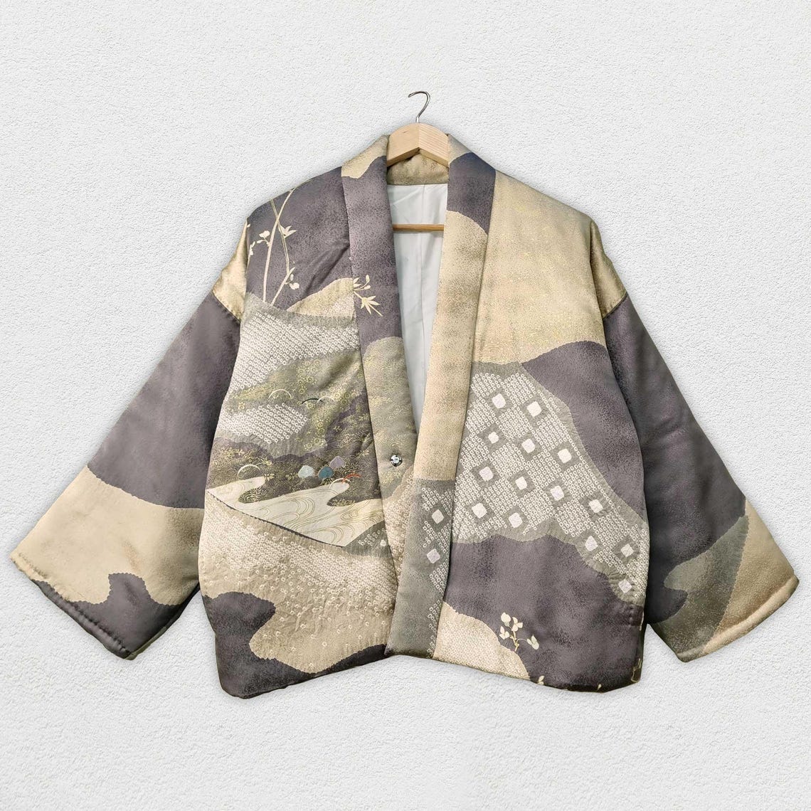 Kimono Puffer Jacket | Silk Japanese Hanten | Quilted Coat | Abstract ...