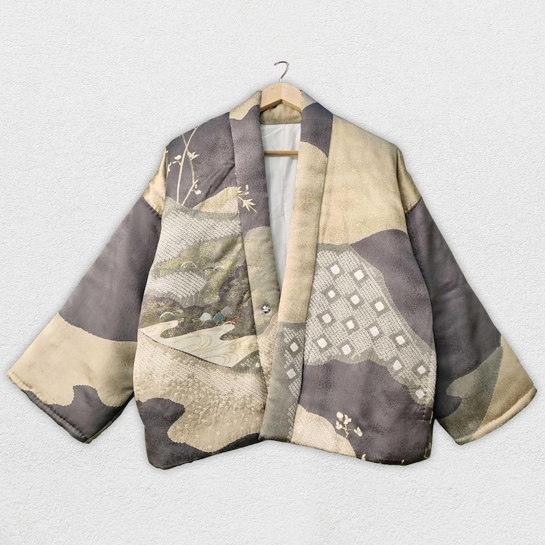 Kimono Puffer Jacket | Silk Japanese Hanten | Quilted Coat | Abstract ...