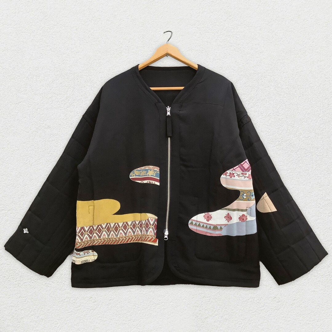 Reversible Silk Kimono Jacket | Black Puffer Bomber Upcycled Japanese ...