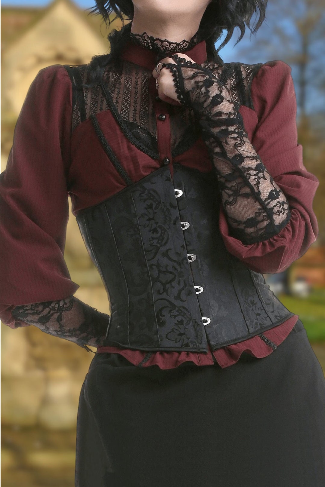 Underbust Corset Black Belt Floral Corsets Waist Trainer Victorian ...