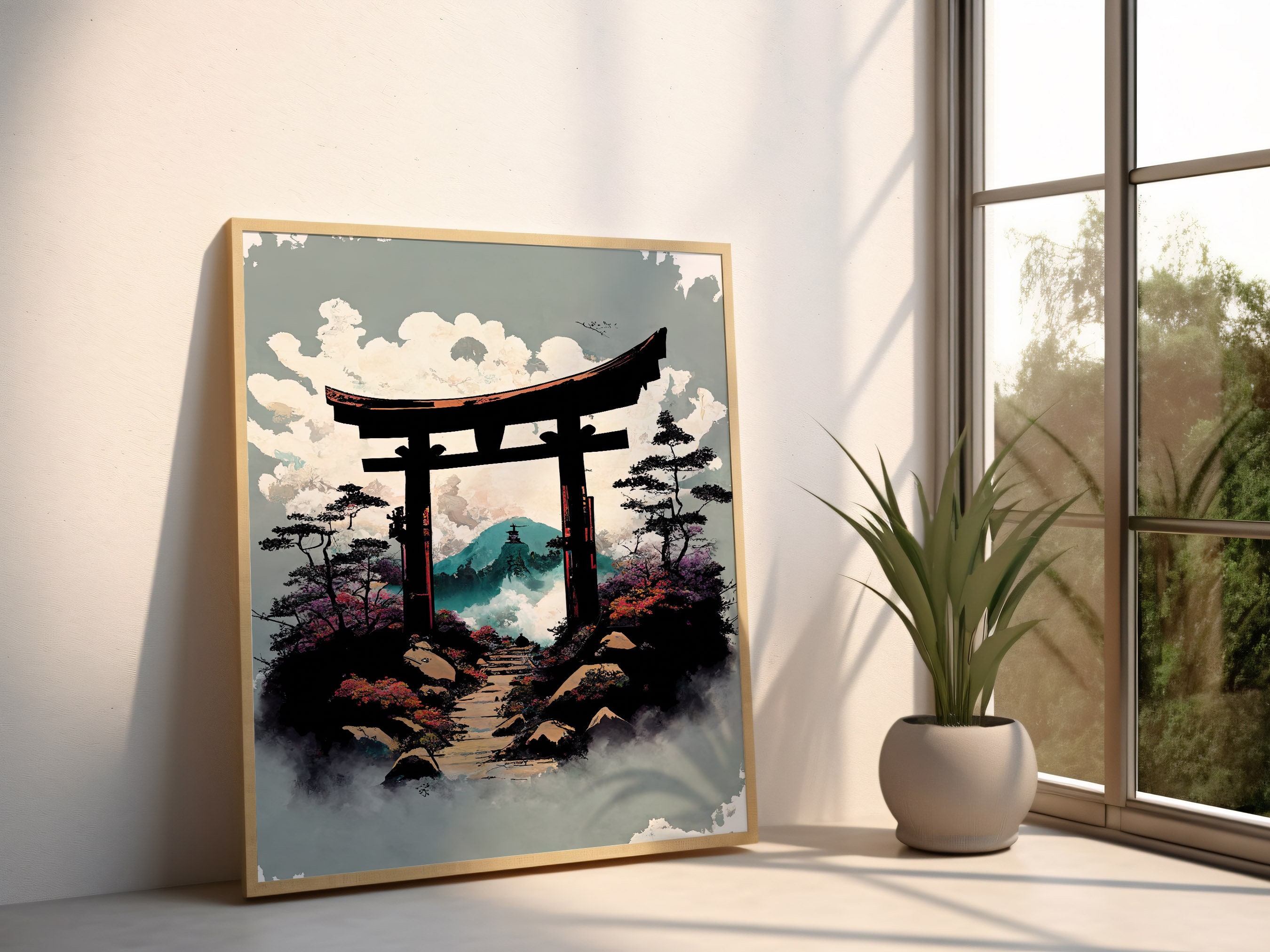 Japanese Shinto Shrine Torii Gate Manga Drawing Digital Home Wall Art ...