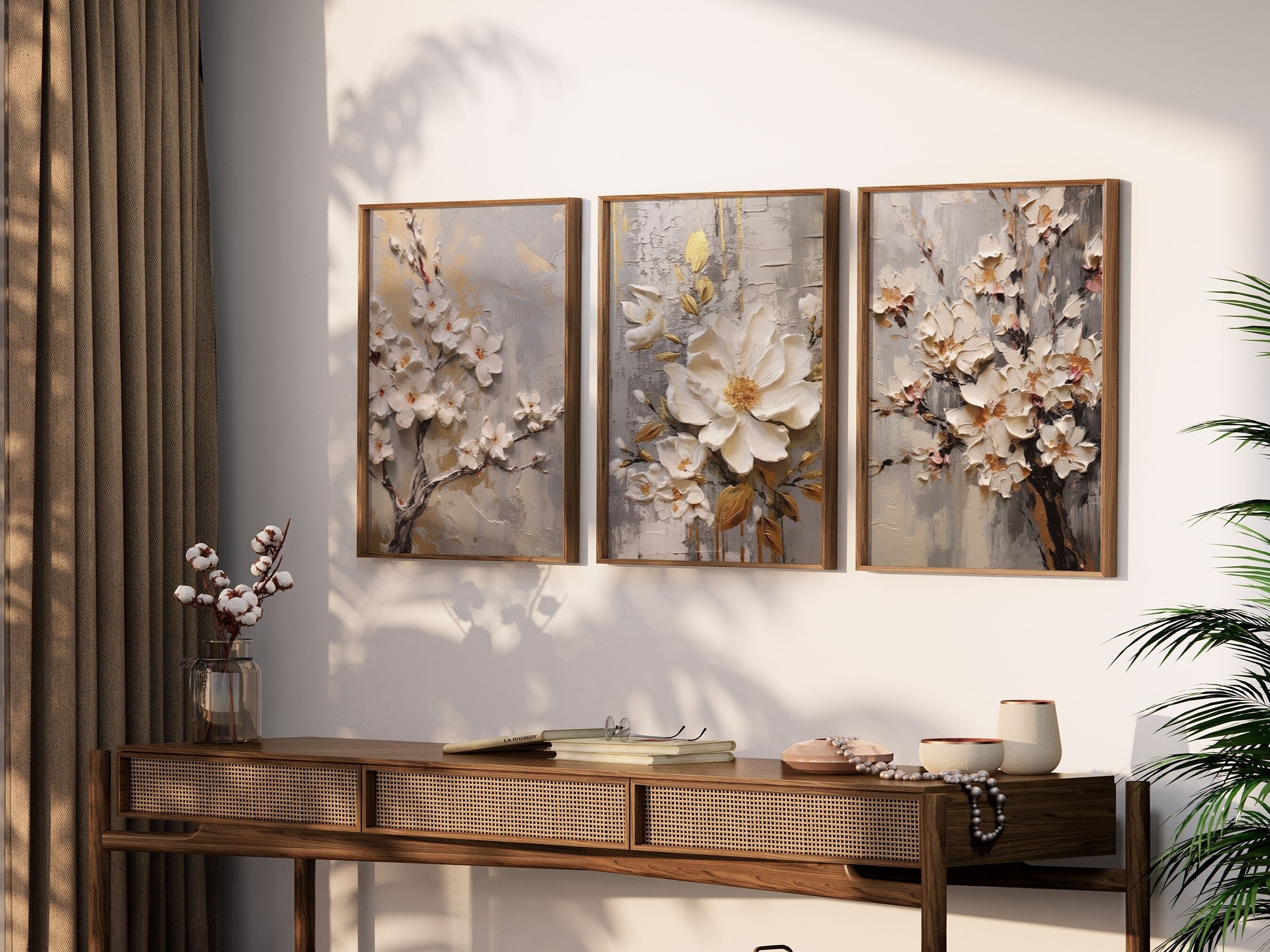 3D White Flowers Set of 3 Posters Digital Printable Art Floral Prints ...