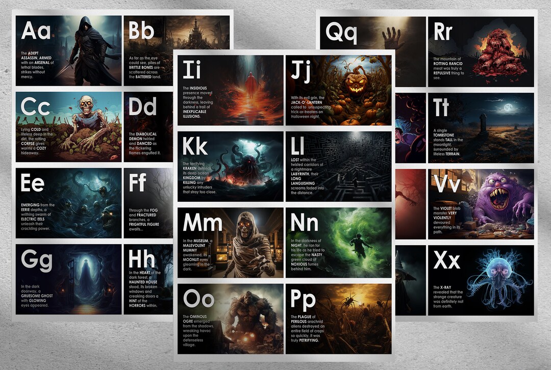 Spooky Horror Alphabet Flash Cards ABC Cards Kids Room Decor A to Z ...