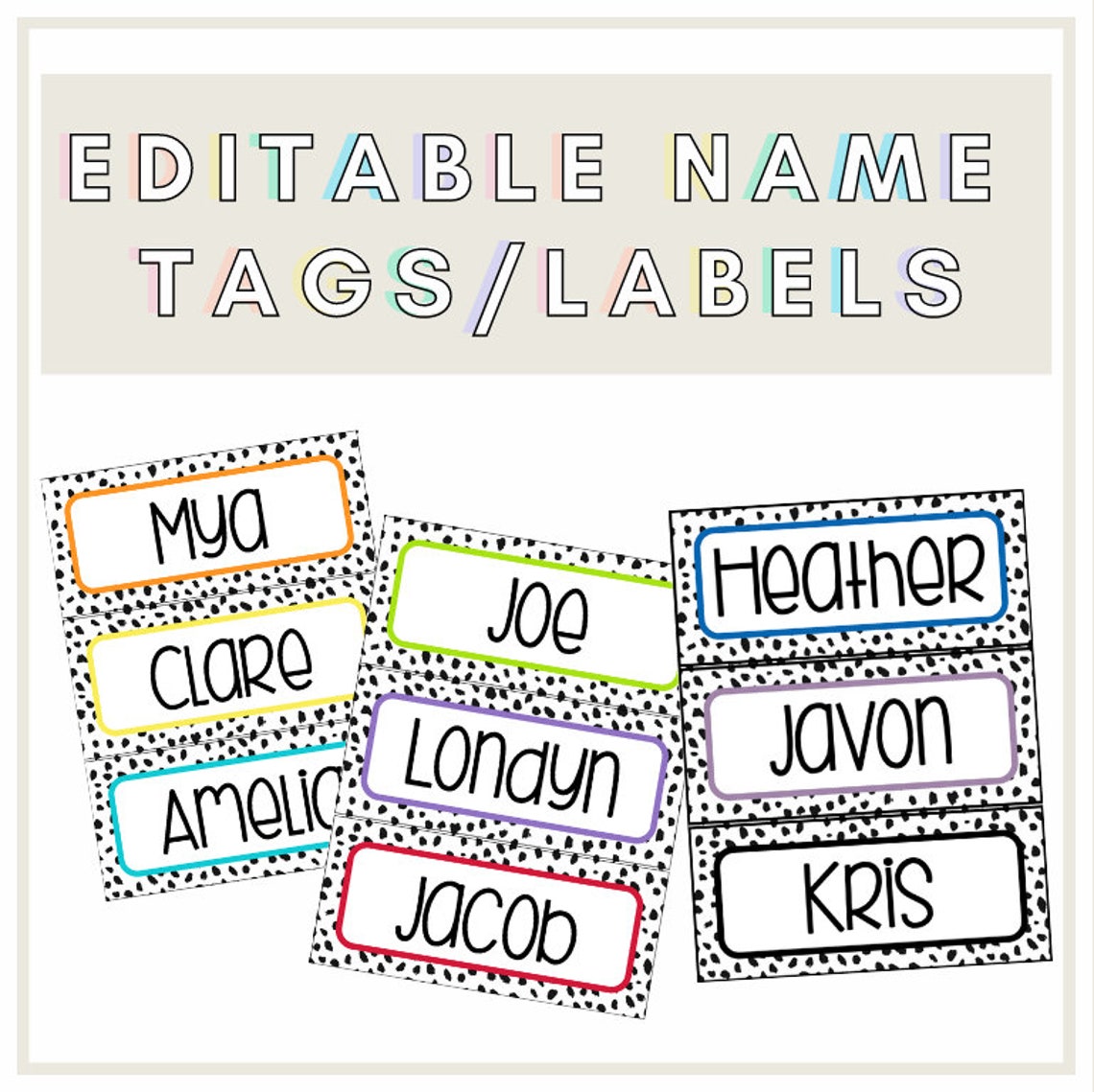 Editable Name and Desk Tags Plates Locker Name Boho Polka Dots Bright ...