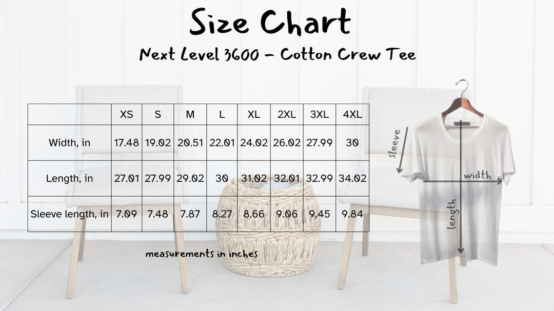 Next Level 3600 Size Chart Next Level Unisex Cotton T Next - Etsy