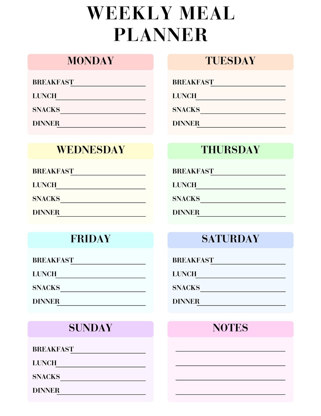 Colorful Weekly Meal Planner - Etsy