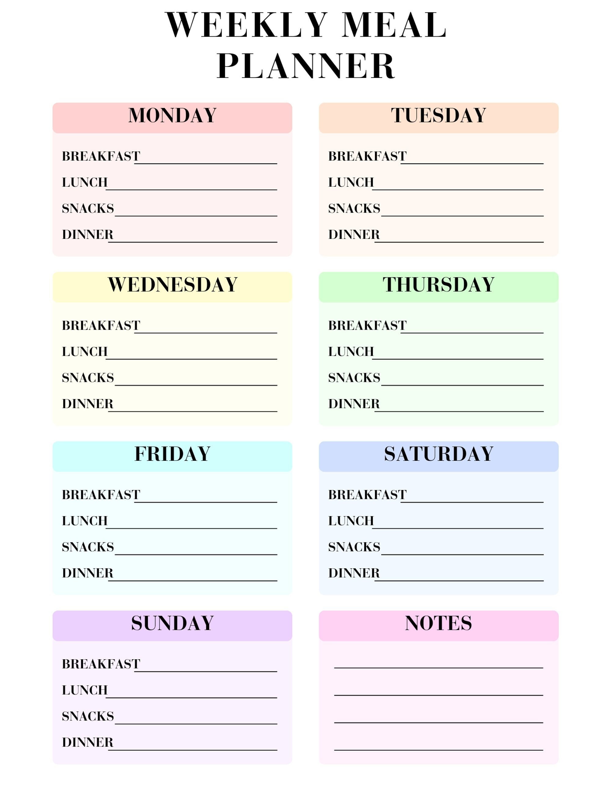 Colorful Weekly Meal Planner - Etsy