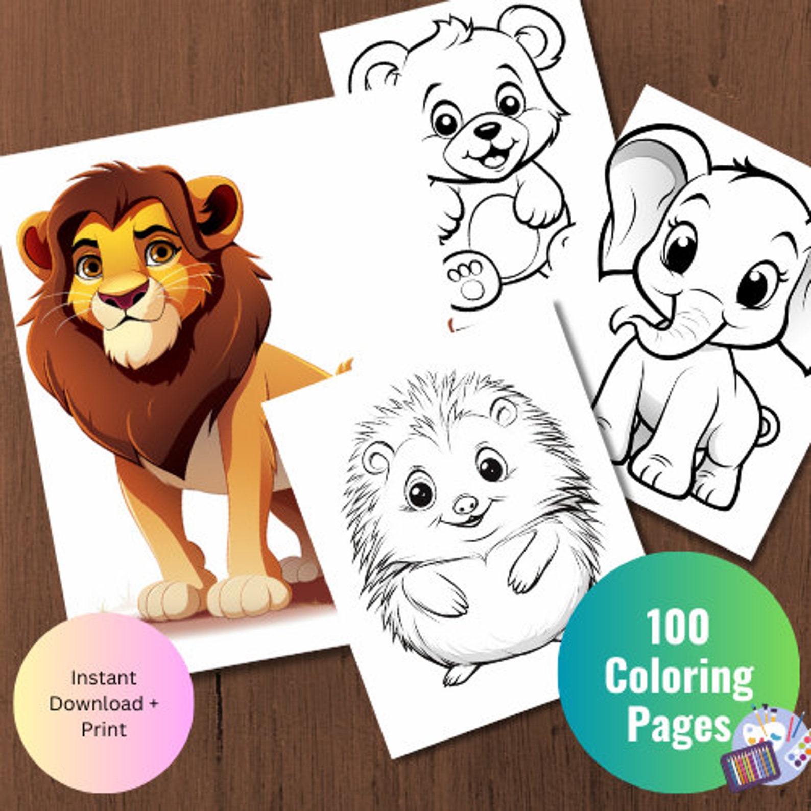 100 Baby and Adult Animals Coloring Page Book, Adults + Kids- Instant ...