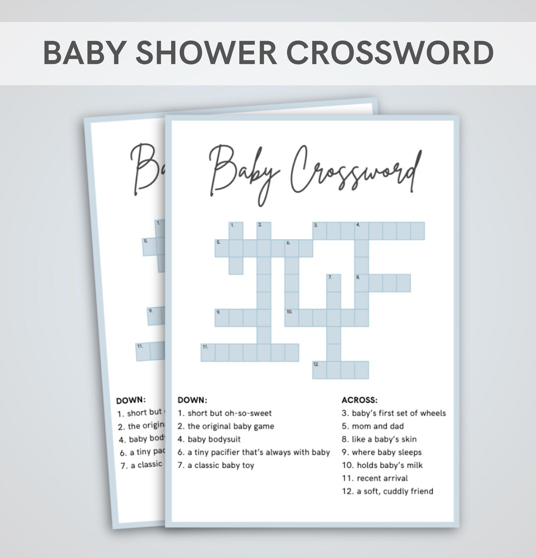 Printable Baby Shower Crossword Game | Baby Crossword Game | Blue Baby ...