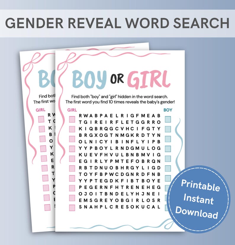 Printable Gender Reveal Word Search Game Gender Reveal Bow Word Hunt ...