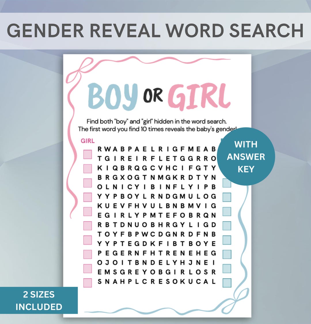 Printable Gender Reveal Word Search Game | Gender Reveal Bow Word Hunt ...