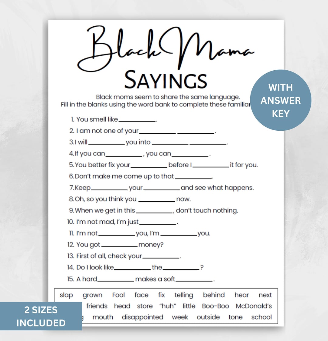Black Mama Sayings Game With Word Bank | Black Baby Shower Game | Black ...