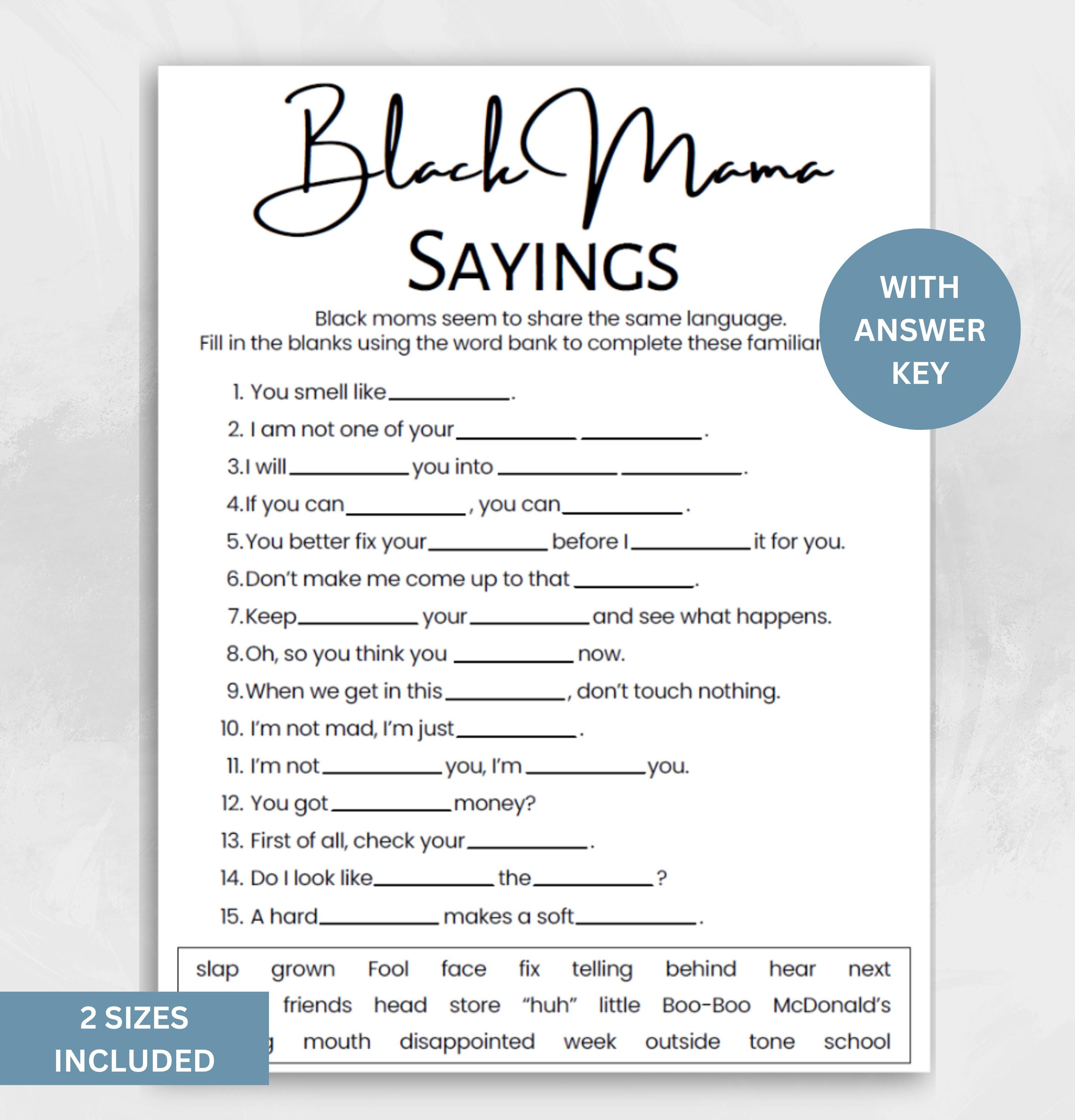 Black Mama Sayings Game With Word Bank | Black Baby Shower Game | Black ...