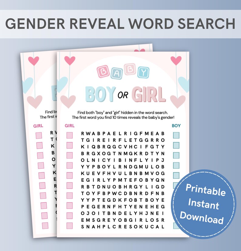 Printable Gender Reveal Word Search Game | Gender Reveal Word Search ...