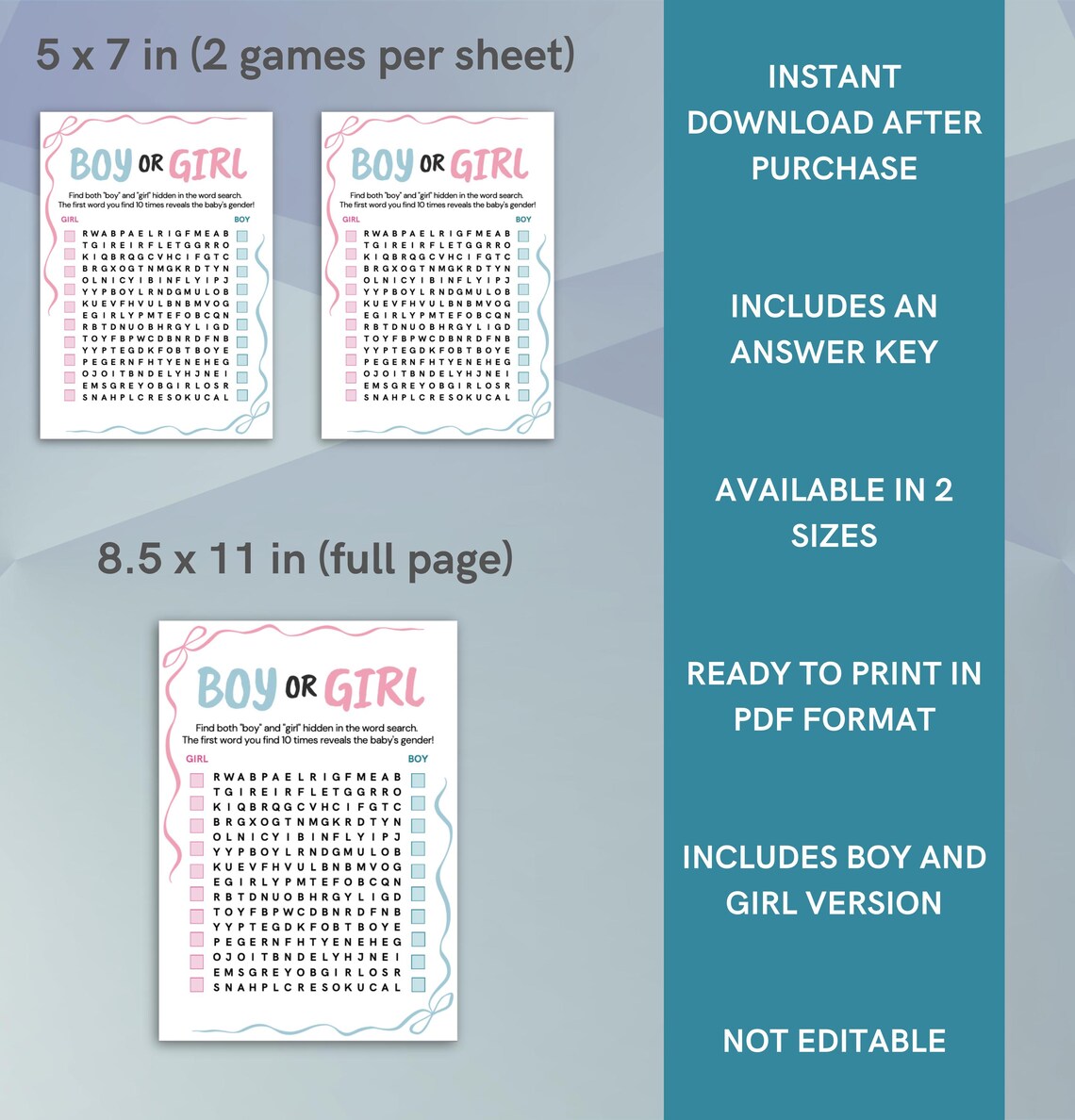 Printable Gender Reveal Word Search Game | Gender Reveal Bow Word Hunt ...