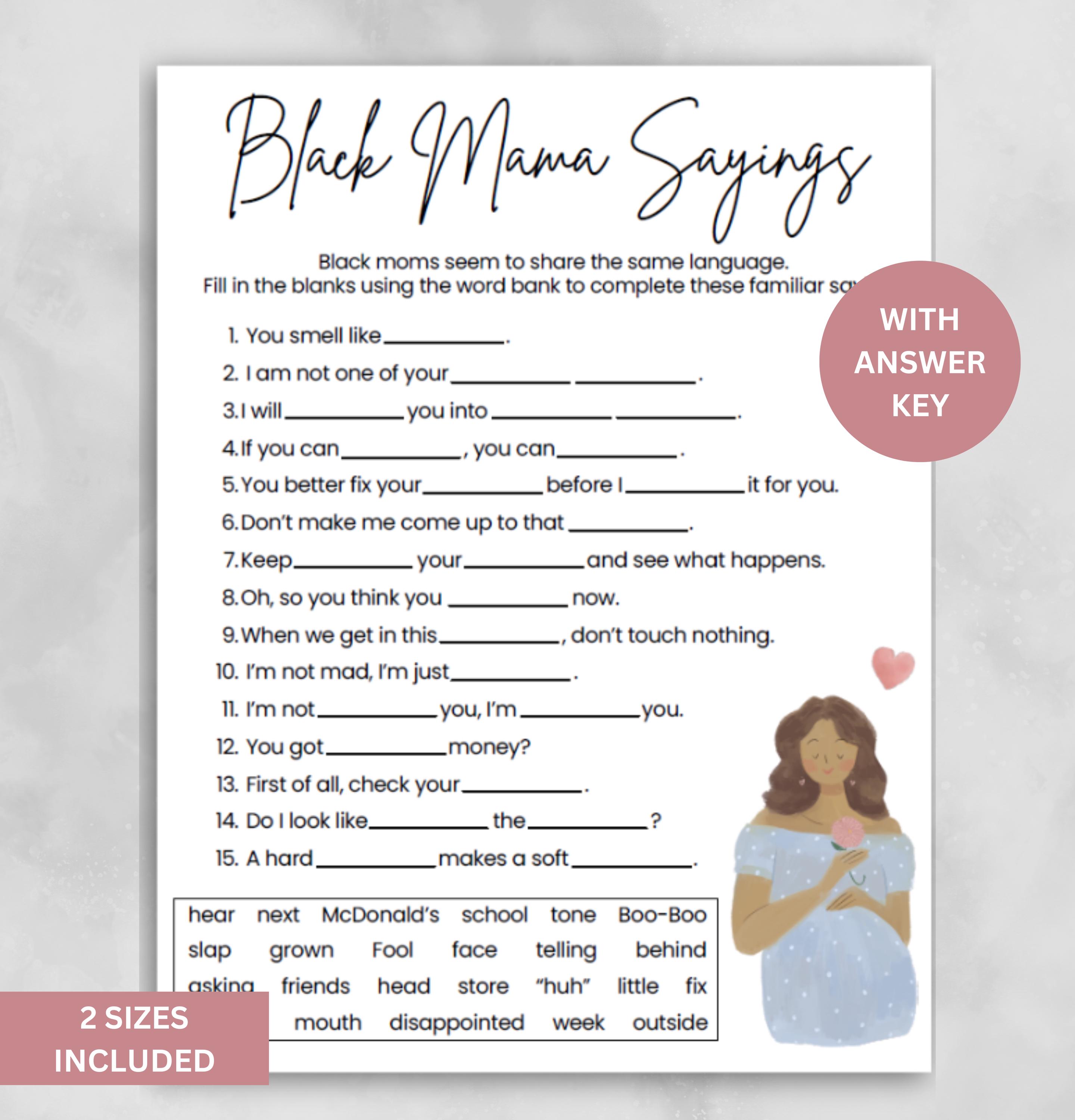 Black Mama Sayings Game With Word Bank | Black Baby Shower Game | Black ...