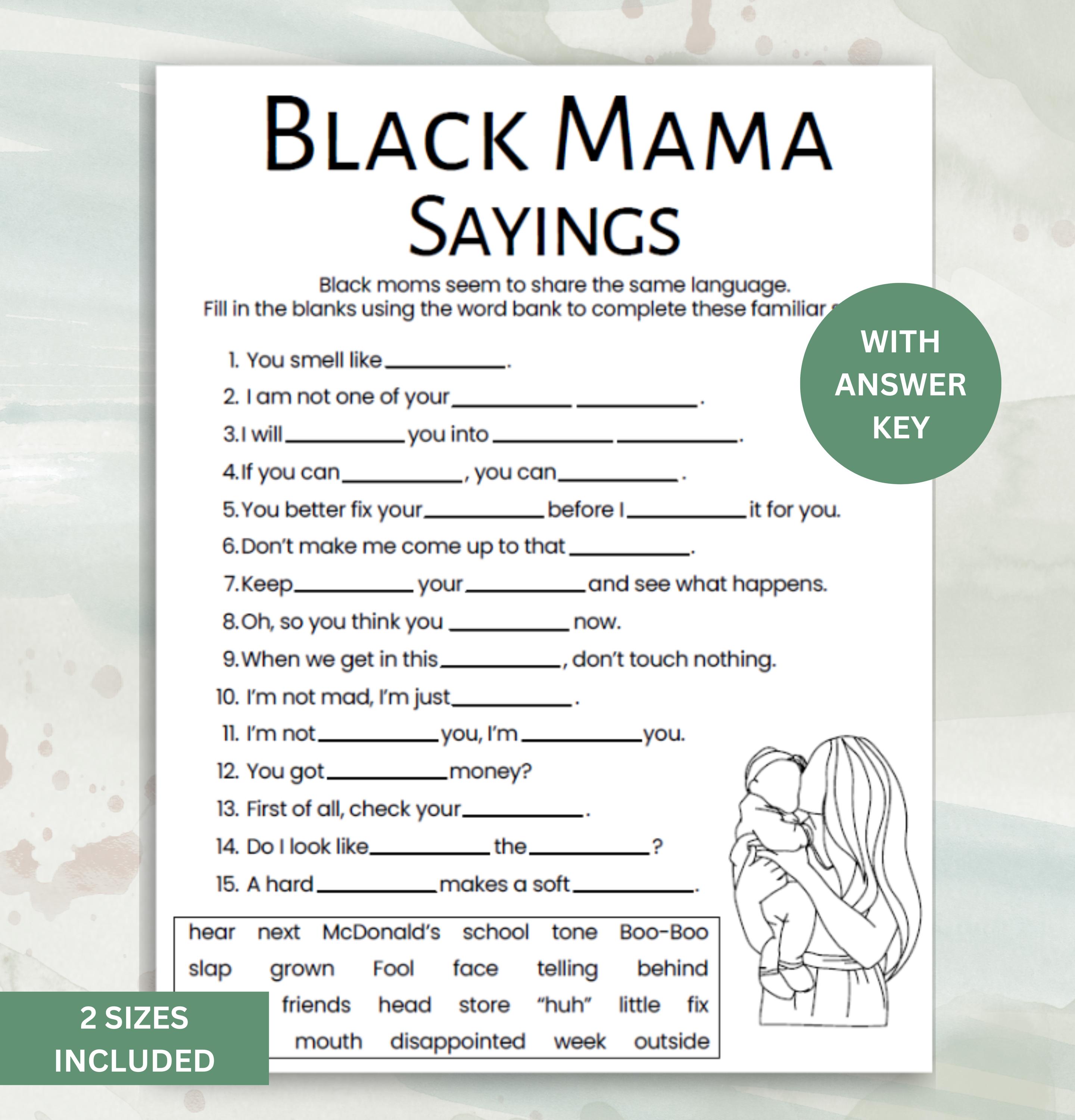 Black Mama Sayings Game With Word Bank | Black Baby Shower Game | Black ...