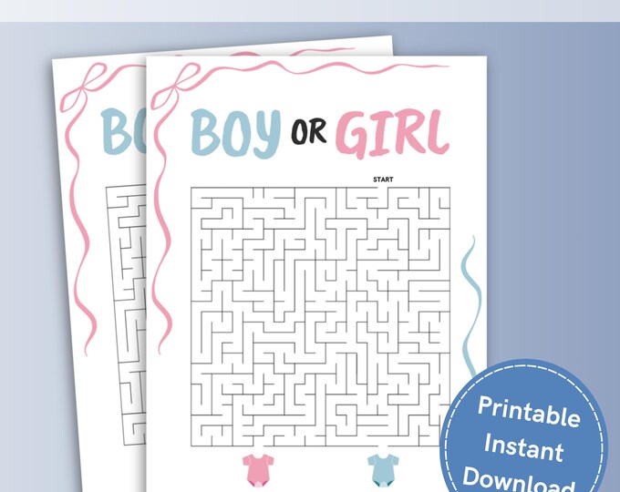 Printable Gender Reveal Puzzle Maze Game | Bow Gender Reveal Labyrinth | Blue and Pink Gender ...