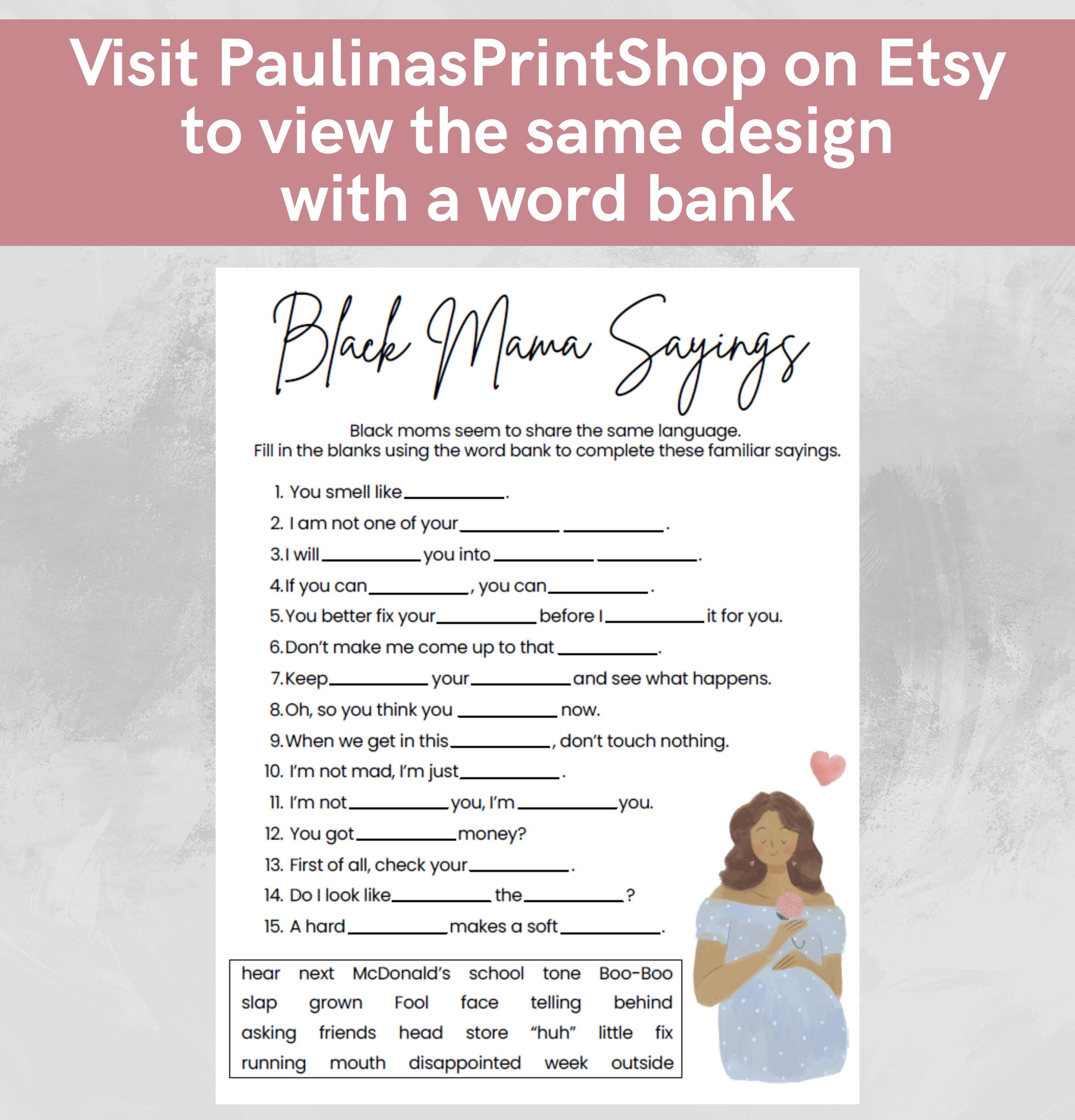 Black Mama Sayings Game | Black Baby Shower Game | Black Mama Sayings ...