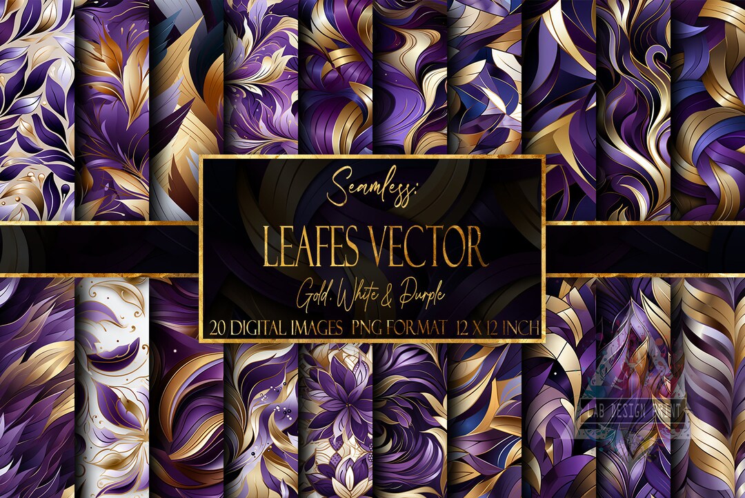 20 Gold and Purple Leafes Luxury Seamless Patterns Digital Paper ...