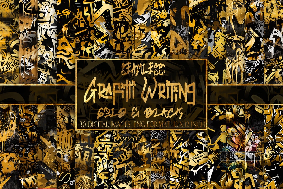 30 Grafitti Writing Wall Gold Black Seamless Patterns Digital Paper ...
