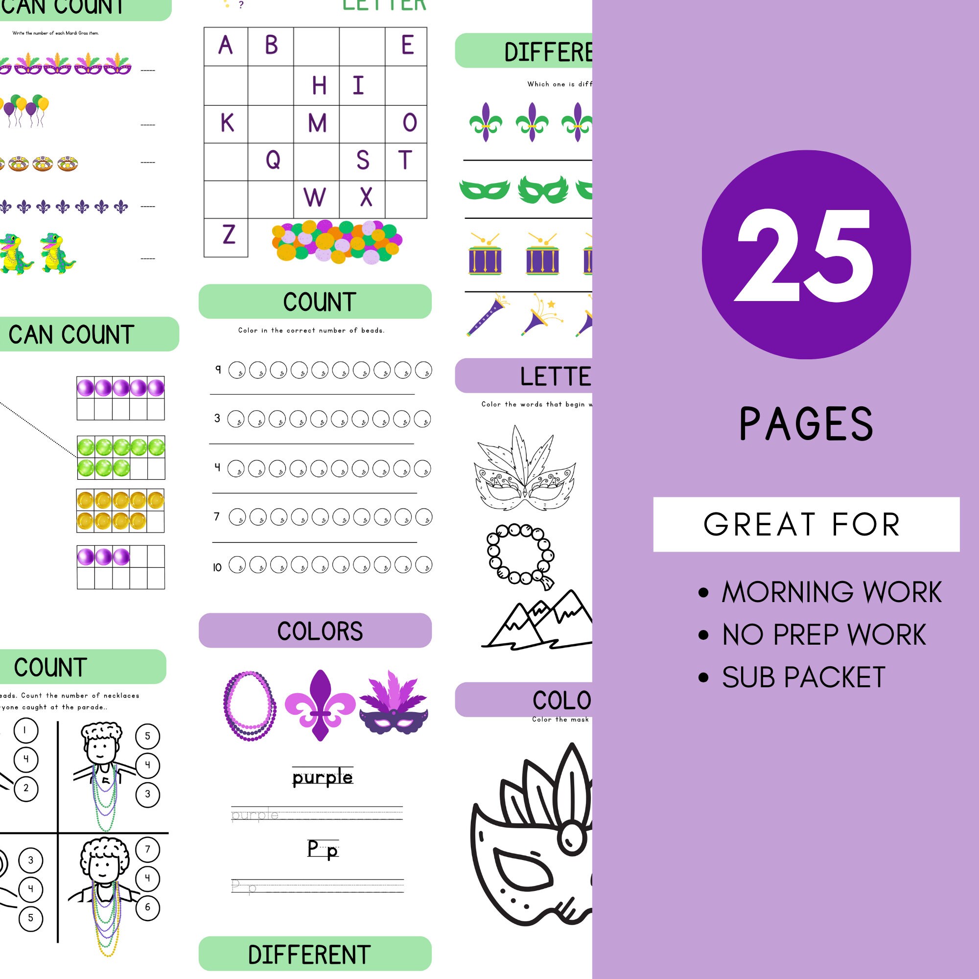 Mardi Gras Kindergarten Morning Work Printable, Homeschool Preschool ...