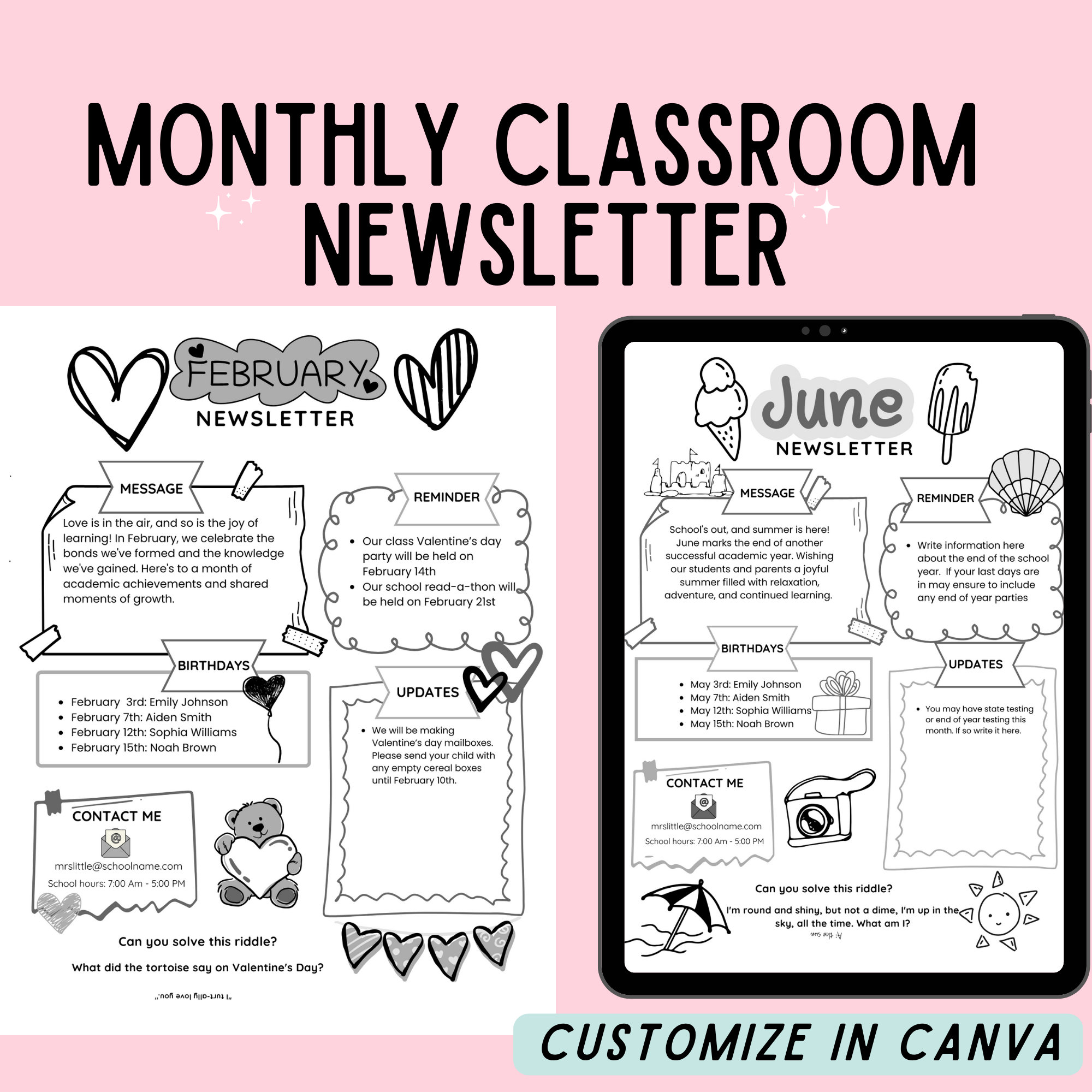 Monthly Classroom Newsletter, Black and White Class Newsletter ...