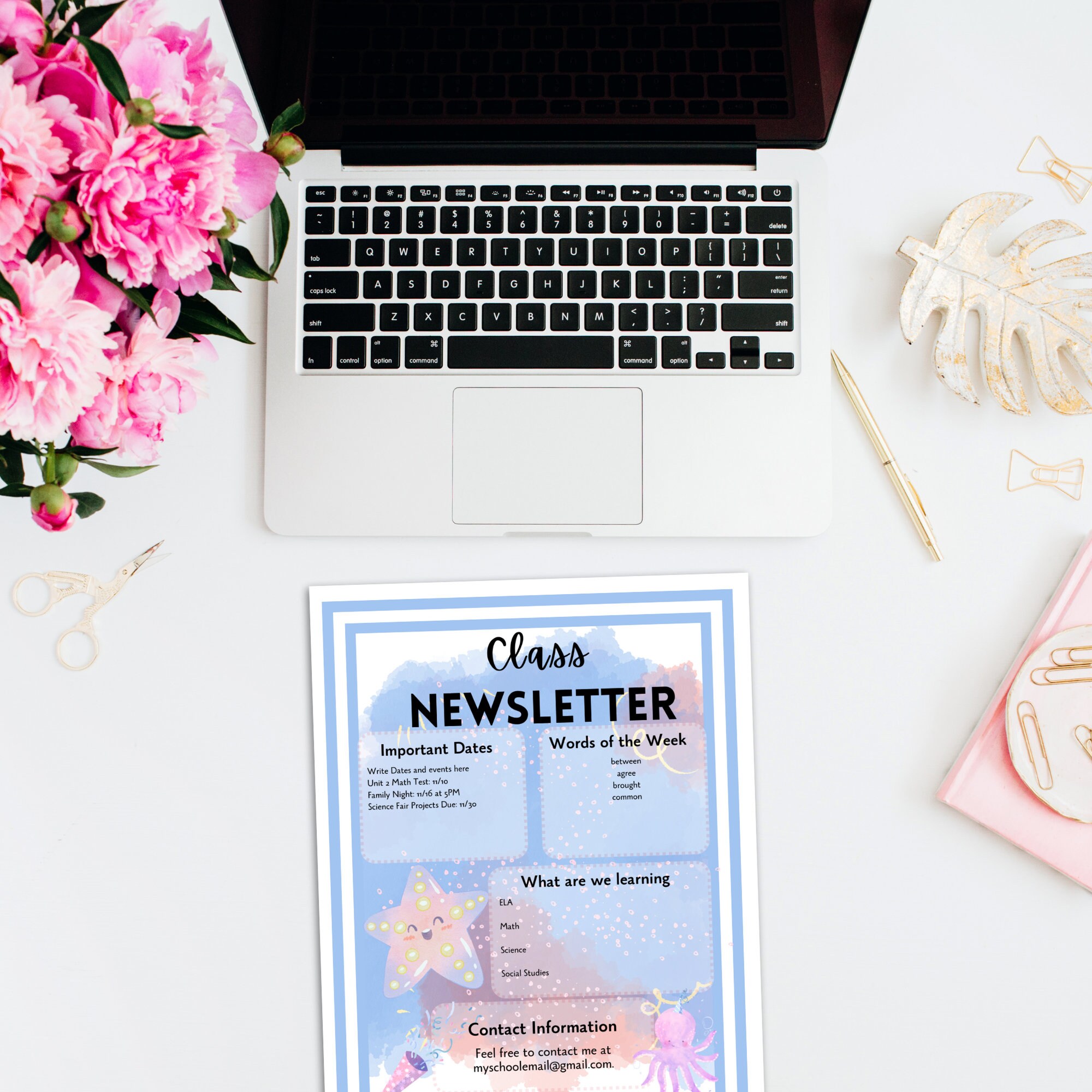 Monthly Classroom Newsletter, Watercolor Class Newsletter, Elementary ...