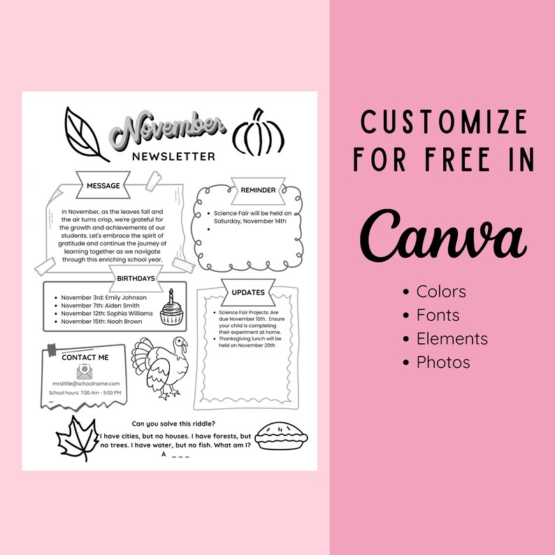 Monthly Classroom Newsletter, Black and White Class Newsletter ...