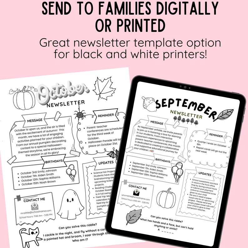 Monthly Classroom Newsletter, Black and White Class Newsletter ...