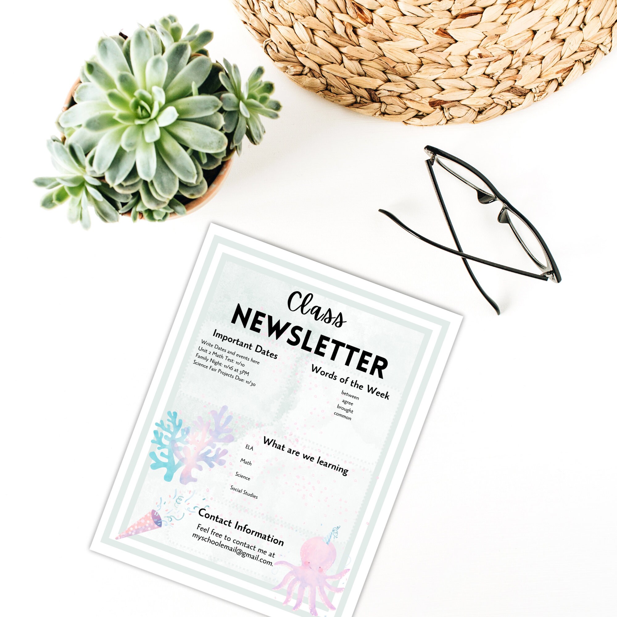 Monthly Classroom Newsletter, Watercolor Class Newsletter, Elementary ...