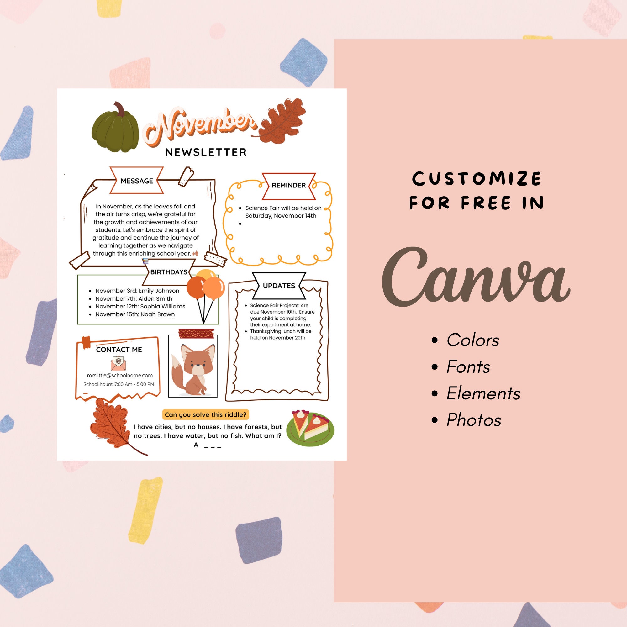 Monthly Classroom Newsletter, Colorful Class Newsletter, Elementary ...