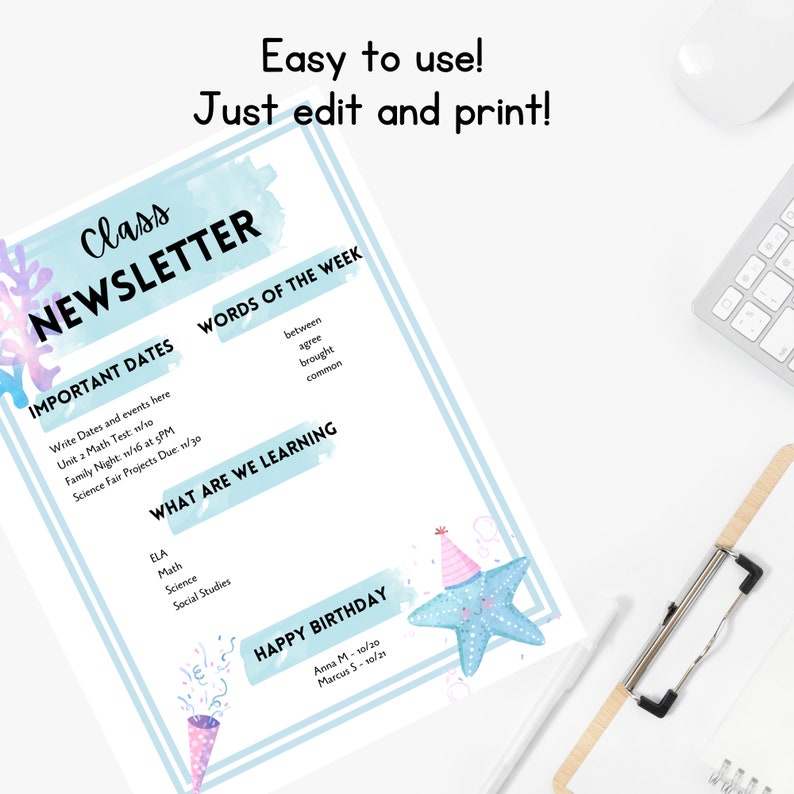 Monthly Classroom Newsletter, Watercolor Class Newsletter, Elementary ...