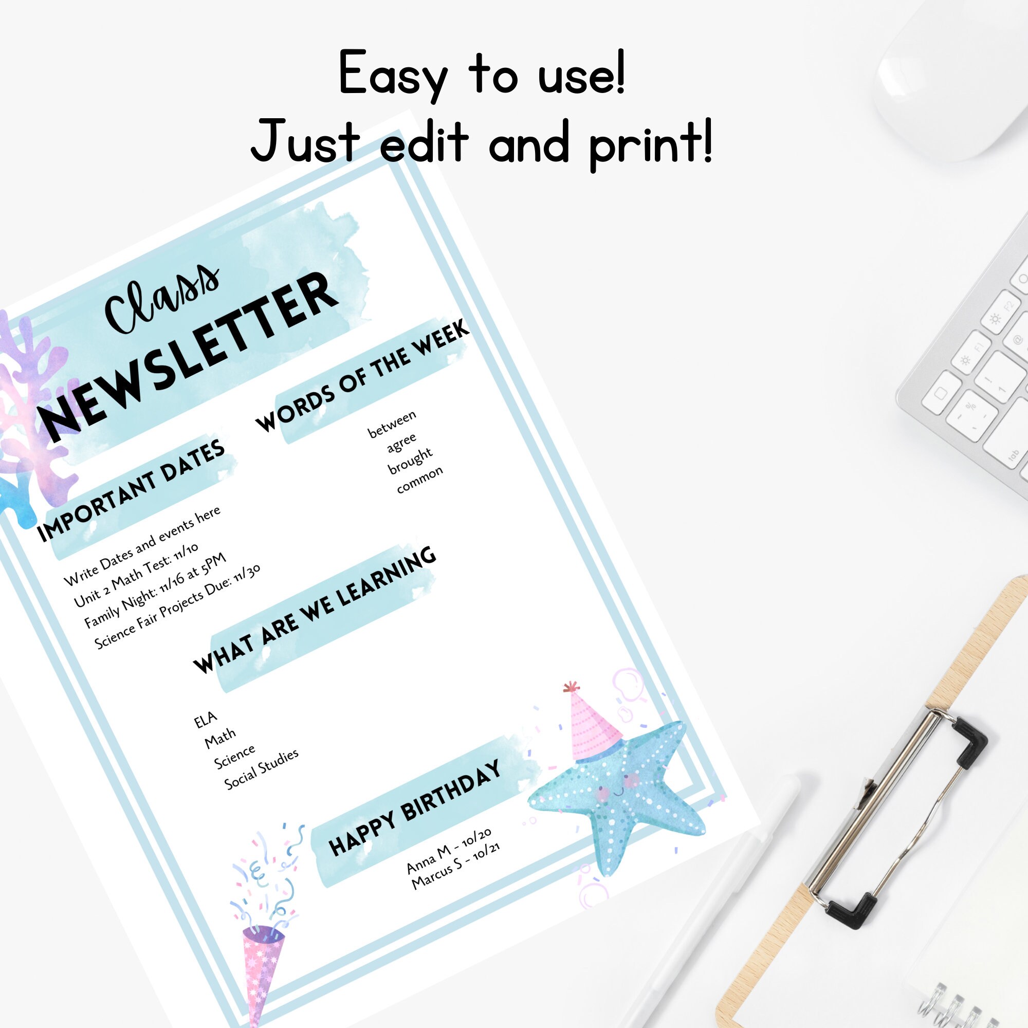 Monthly Classroom Newsletter, Watercolor Class Newsletter, Elementary ...