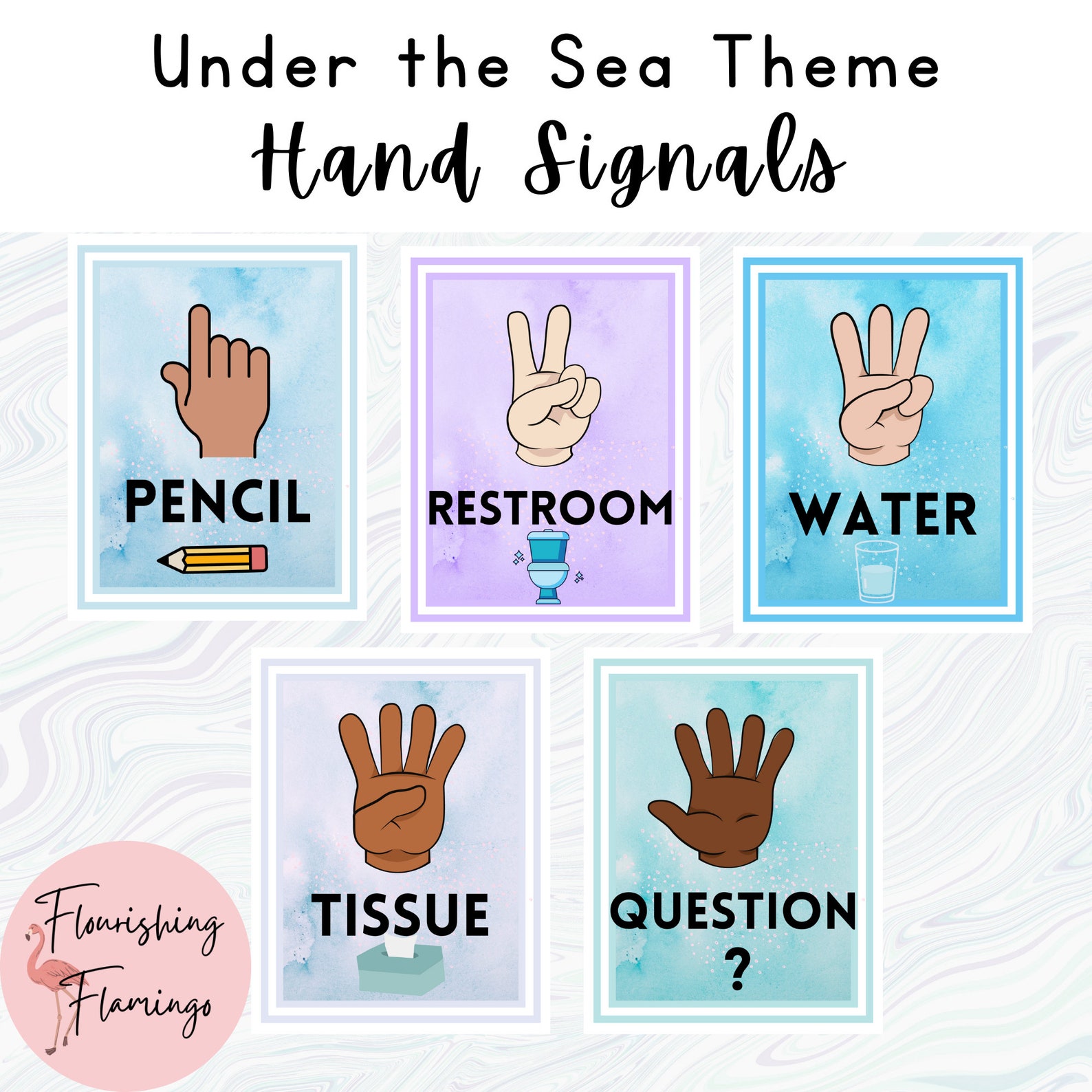 Under the Sea Classroom Decor Hand Signals, Watercolor Hand Signals ...
