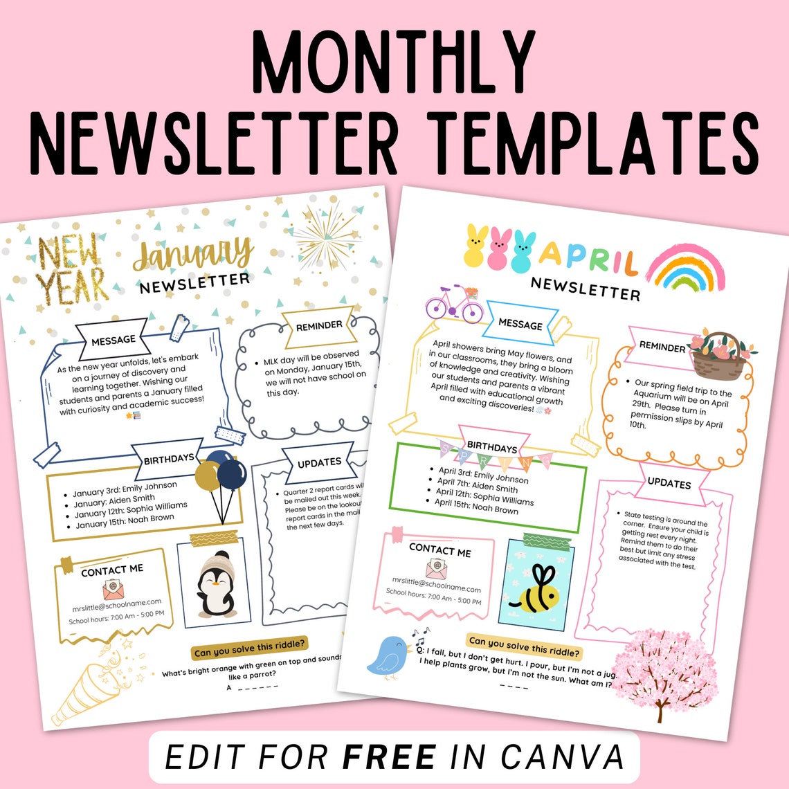 Monthly Classroom Newsletter, Colorful Class Newsletter, Elementary ...
