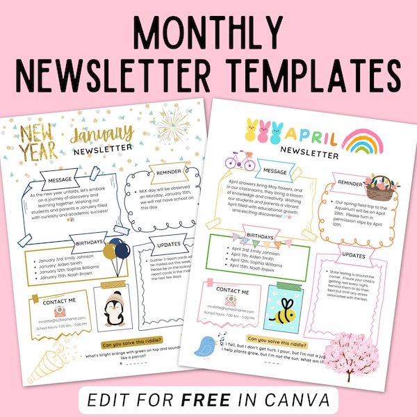 Monthly Newsletter, Colorful Retro Class Elementary Teacher Newsletter ...