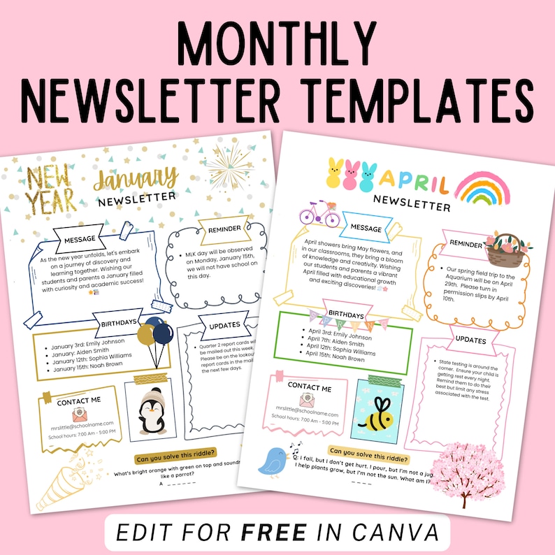 Monthly Classroom Newsletter, Colorful Class Newsletter, Elementary ...