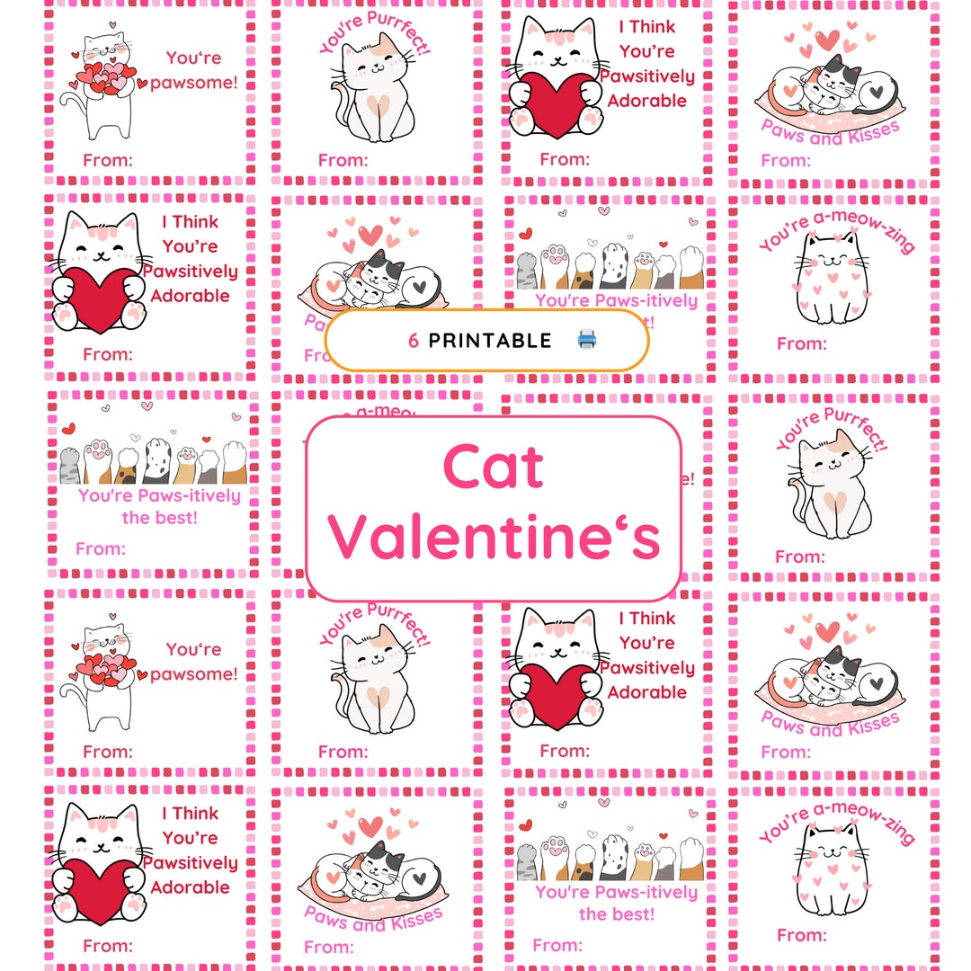 Printable Cat Valentines Day Cards, Kids Valentines Day Cards ...