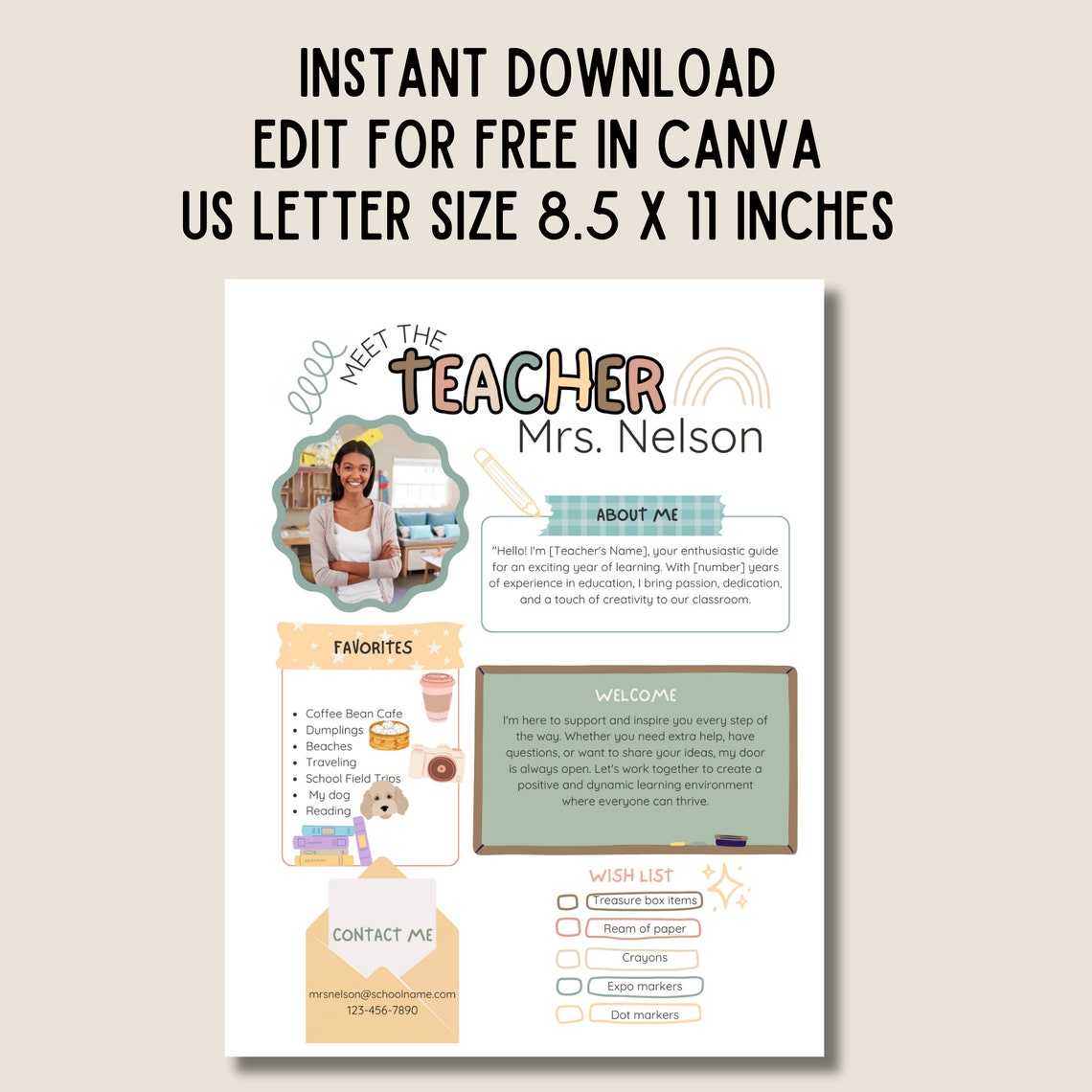 Neutral Meet the Teacher Template, Back to School Printable, Teacher ...