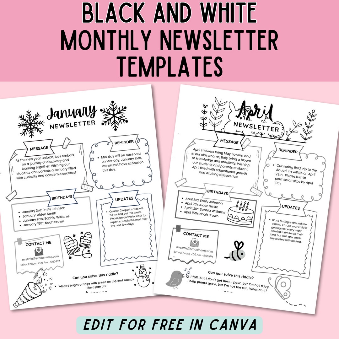 Monthly Classroom Newsletter, Black and White Class Newsletter ...