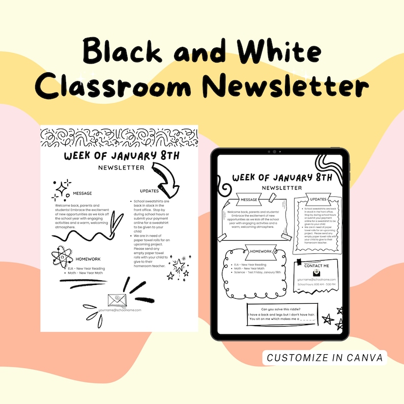 Monthly Classroom Newsletter, Black and White Class Newsletter ...