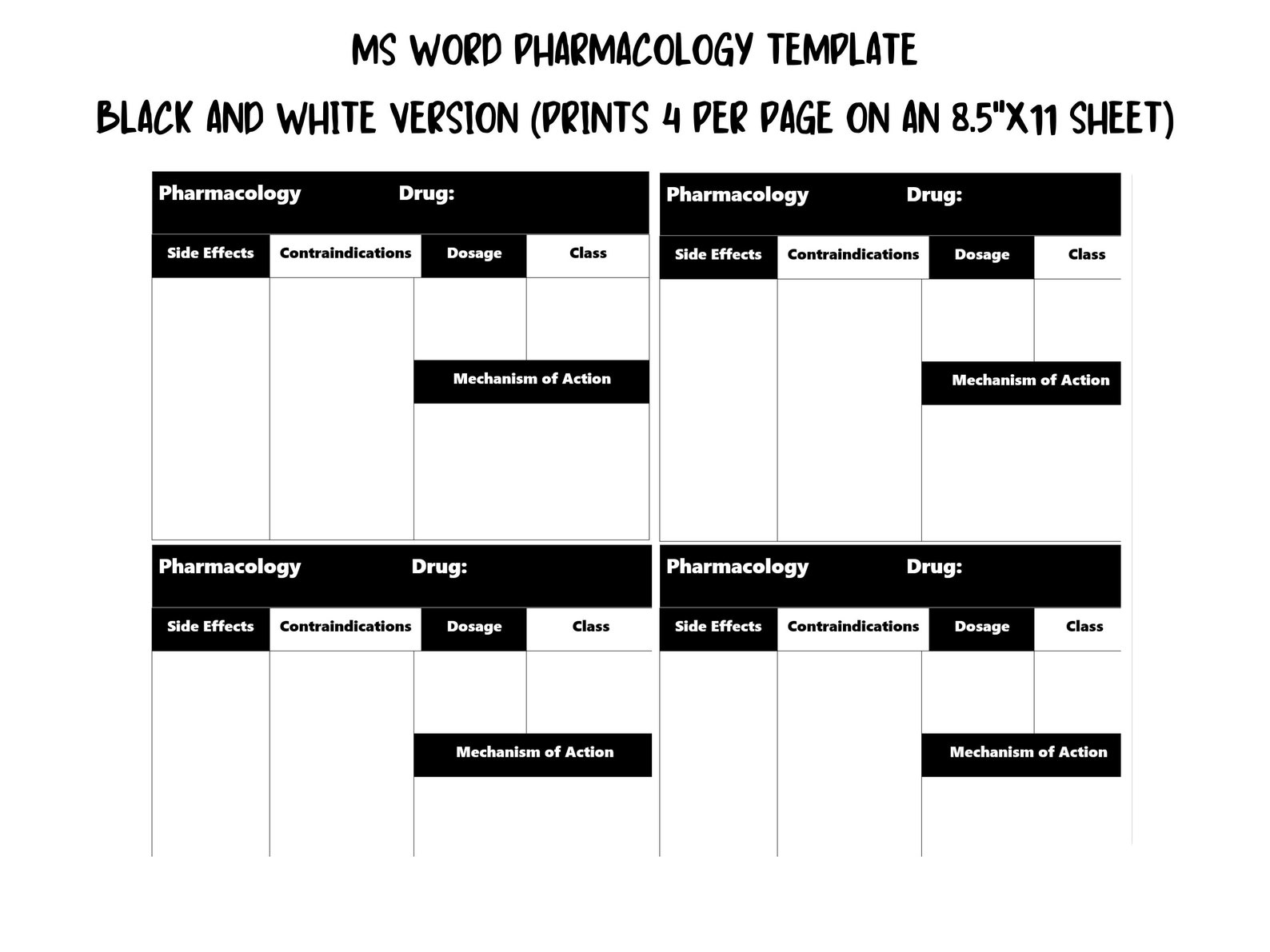Editable Pharmacology Drug Card Template for MS Word - Etsy