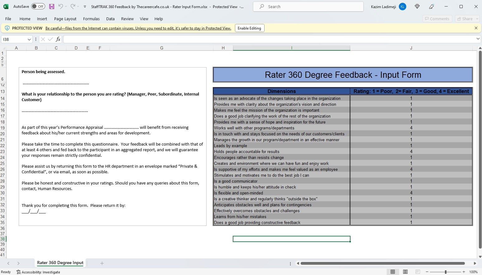 360 Degree Employee Performance Feedback System in Excel - Etsy