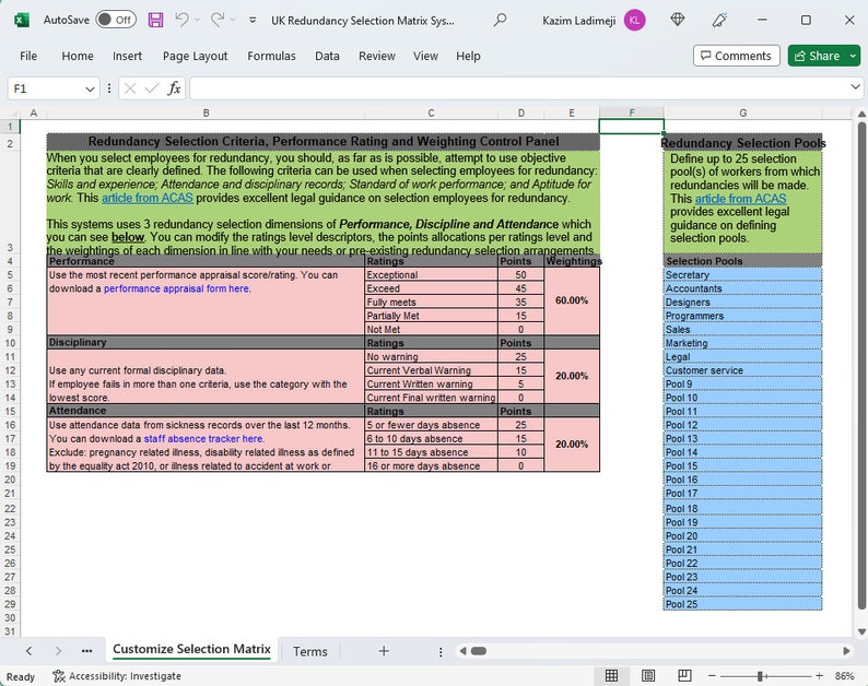 UK Redundancy Selection Matrix in Excel - Etsy UK