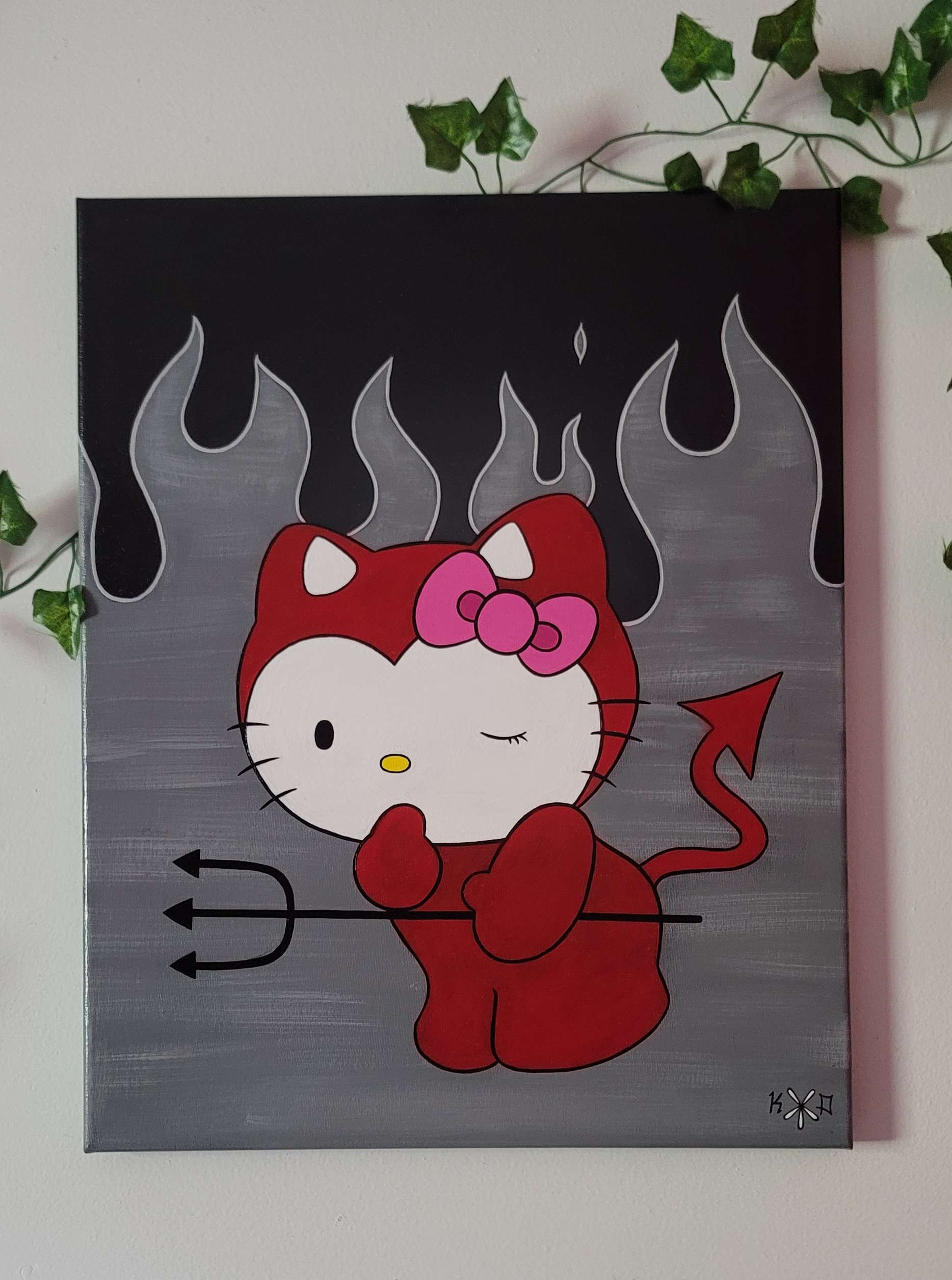 Hello Kitty Devil Costume Acrylic Painting Ooak Hand Painted Art - Etsy