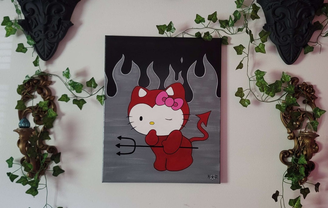 Hello Kitty Devil Costume Acrylic Painting Ooak Hand Painted Art - Etsy
